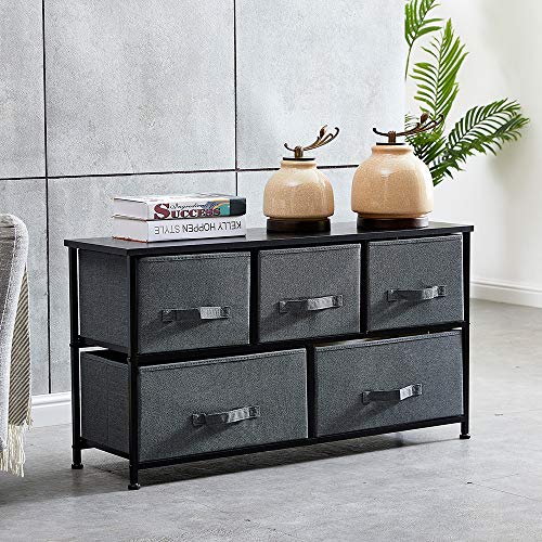 Rainbow Tree 5 Fabric Drawer Dresser - Wide Storage Dresser Organizer with 5 Fabric Drawers for Closet, Bedroom, Solid Wood Top, Durable Steel Frame