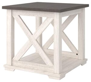 signature design by ashley dorrinson square modern farmhouse end table, two tone white & brown