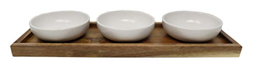 Rae Dunn By Magenta 4 Piece DIP EAT TASTE Ceramic LL Dip Bowl Serving Platter Set With Wood Tray 2019 Limited Edition