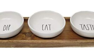 Rae Dunn By Magenta 4 Piece DIP EAT TASTE Ceramic LL Dip Bowl Serving Platter Set With Wood Tray 2019 Limited Edition