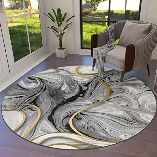 Olivefox Round Area Rugs Abstract Gray Gold Marble Textured Super Soft Indoor Stain-Proof Carpet Floor Mat Anti-Skid Runner Rugs for Home Living Room, Bedroom, Dining Room, 5 Feet