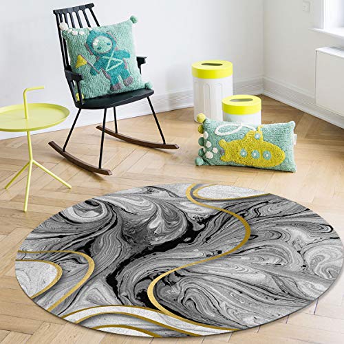 Olivefox Round Area Rugs Abstract Gray Gold Marble Textured Super Soft Indoor Stain-Proof Carpet Floor Mat Anti-Skid Runner Rugs for Home Living Room, Bedroom, Dining Room, 5 Feet