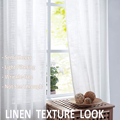 FMFUNCTEX White Sheer Curtains for Living Room 72" Linen Textured Privacy Window Curtain Set for Bedroom 52”w x 2 Panels Grommet Top