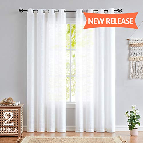 FMFUNCTEX White Sheer Curtains for Living Room 72" Linen Textured Privacy Window Curtain Set for Bedroom 52”w x 2 Panels Grommet Top