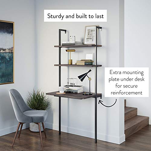 Nathan James Theo 2-Shelf Industrial Wall Mount Ladder Table, Small Computer or Writing Desk, Nutmeg/Matte Black