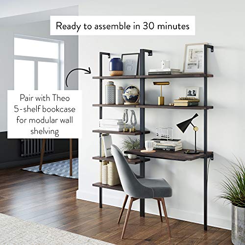 Nathan James Theo 2-Shelf Industrial Wall Mount Ladder Table, Small Computer or Writing Desk, Nutmeg/Matte Black