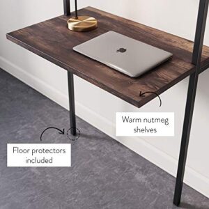 Nathan James Theo 2-Shelf Industrial Wall Mount Ladder Table, Small Computer or Writing Desk, Nutmeg/Matte Black