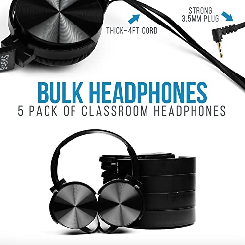 Classroom Headphones for Students (5 Pack) - On-Ear Premium Bulk Headphones: Perfect for Kids All Ages K-12 in Schools (Great Value, Class Set, Durable, Noise Reducing, Comfortable Fit, Easy-to-Clean)