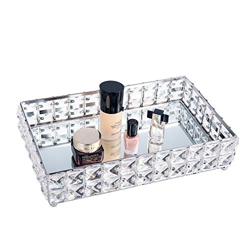 Feyarl Crystal Cosmetic Decorative Vanity Tray Jewelry Trinket Perfume Bottles Storage Organizer with Real Glass Surface for Dresser Table Home Deco12inch (Silver)