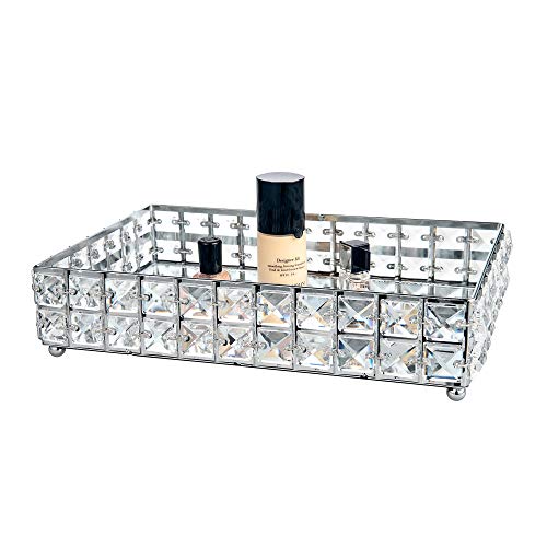 Feyarl Crystal Cosmetic Decorative Vanity Tray Jewelry Trinket Perfume Bottles Storage Organizer with Real Glass Surface for Dresser Table Home Deco12inch (Silver)