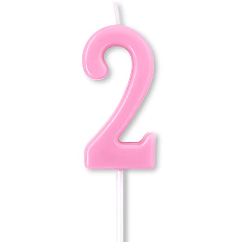 Dollet Pink Birthday Candle for Smash Cake Cupcakes, Number 2