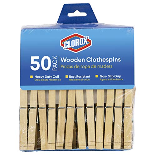 Clorox Wood Clothespins with Spring - Value Pack of 50 Clips, Rust Resistant with Heavy-Duty Coil for Line Drying Laundry, Chip Bags, and Crafts