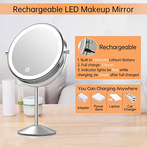 Lighted Makeup Mirror with Magnification, Rechargeable Double Sided 10X Magnifying Mirror with Light, 8 Inch Makeup Vanity Mirror with 3 Light Setting, Touch Control, Desktop Cosmetic Light Up Mirror