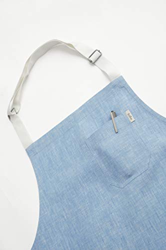 Solino Home Linen Kitchen Apron – 100% Pure Linen Bib Apron for Men & Women with front Pockets – Light Blue, Handcrafted from European Flax