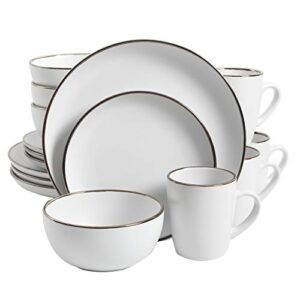 gibson home rockaway round stoneware dinnerware set, service for 4 (16pcs), matte white/metallic rim