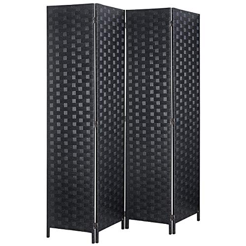 Rose Home Fashion 6 ft.Tall 16in Wide Room & Wall Dividers,Double Side Woven Fiber Divider,Better Privacy Screen,Folding Partition,Space Seperate Indoor Decorative 4 Panel Screen,Freestanding- Black