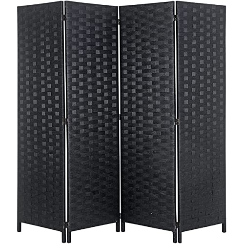 Rose Home Fashion 6 ft.Tall 16in Wide Room & Wall Dividers,Double Side Woven Fiber Divider,Better Privacy Screen,Folding Partition,Space Seperate Indoor Decorative 4 Panel Screen,Freestanding- Black