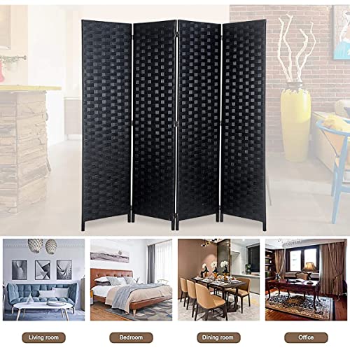 Rose Home Fashion 6 ft.Tall 16in Wide Room & Wall Dividers,Double Side Woven Fiber Divider,Better Privacy Screen,Folding Partition,Space Seperate Indoor Decorative 4 Panel Screen,Freestanding- Black