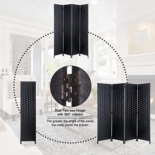 Rose Home Fashion 6 ft.Tall 16in Wide Room & Wall Dividers,Double Side Woven Fiber Divider,Better Privacy Screen,Folding Partition,Space Seperate Indoor Decorative 4 Panel Screen,Freestanding- Black