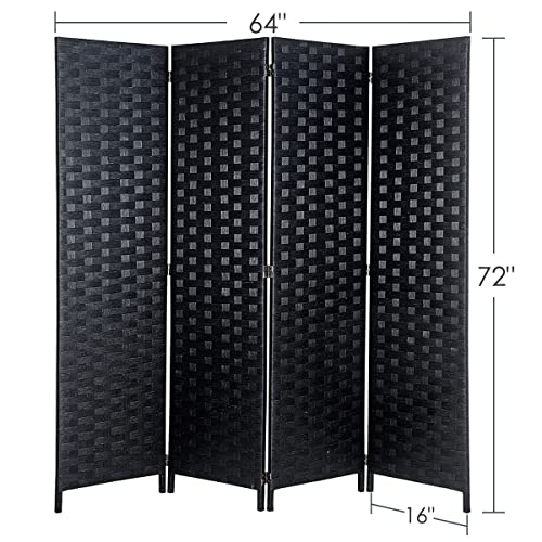 Rose Home Fashion 6 ft.Tall 16in Wide Room & Wall Dividers,Double Side Woven Fiber Divider,Better Privacy Screen,Folding Partition,Space Seperate Indoor Decorative 4 Panel Screen,Freestanding- Black