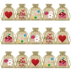 kuuqa 15 pcs heart love shaped drawstring gift bags for valentine's day party favors, valentine's day cotton favor pouches for goodies, sachets, and jewelry, 5 designs