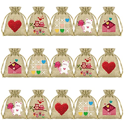 KUUQA 15 Pcs Heart Love Shaped Drawstring Gift Bags for Valentine's Day Party Favors, Valentine's Day Cotton Favor Pouches for Goodies, Sachets, and Jewelry, 5 Designs