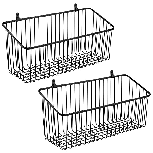 mDesign Portable Metal Farmhouse Wall Decor Angled Storage Organizer Basket Bin for Hanging in Kitchen/Pantry - Store Plastic Bags, Foils, Oils, Sandwich Bags - 2 Pack - Black