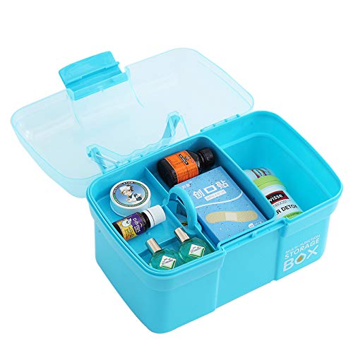 Sunxenze 11'' Clear Plastic Craft Storage Box, Sewing Box Organizer with Removable Tray, Art Storage Box with Handle (Light Blue)