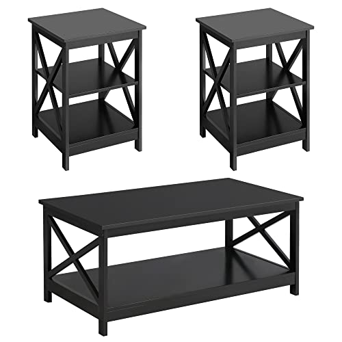 Yaheetech Wood Living Room 3-Piece Table Sets - Includes X-Design Coffee Table& Two 3-Tier End Side Tables, Easy Assembly Home Accent Furniture