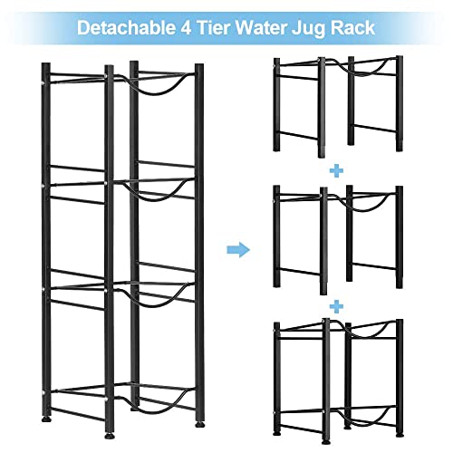 Water Jug Rack for 5 Gallon, Heavy Duty Water Cooler Jug Bottle Holder Save Space Detachable Water Bottle Plastic Glass Carrier Storage Shelf Organizer, 4-Tier, Black