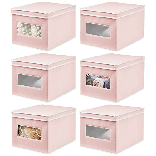 mDesign Large Fabric Stackable Closet Storage Organizer Box, Front Window/Lid for Bedroom, Office, Mudroom Organization, Hold Clothes, Blankets, Linens, Jane Collection, 6 Pack, Pink/White