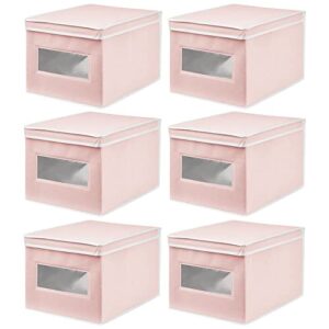 mDesign Large Fabric Stackable Closet Storage Organizer Box, Front Window/Lid for Bedroom, Office, Mudroom Organization, Hold Clothes, Blankets, Linens, Jane Collection, 6 Pack, Pink/White