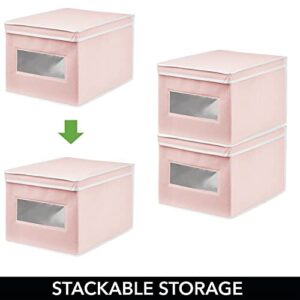 mDesign Large Fabric Stackable Closet Storage Organizer Box, Front Window/Lid for Bedroom, Office, Mudroom Organization, Hold Clothes, Blankets, Linens, Jane Collection, 6 Pack, Pink/White