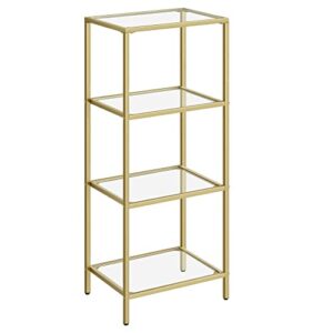 vasagle bookcase, 4-tier bookshelf, slim shelving unit for bedroom, bathroom, home office, tempered glass, steel frame, gold color ulgt28g