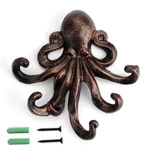 sumnacon 6 inch cast iron octopus decorative coat hook - wall mounted nautical hand towel rack holder with screws, rustic metal clothing hanger for bedroom/bathroom/kitchen/balcony, red bronze