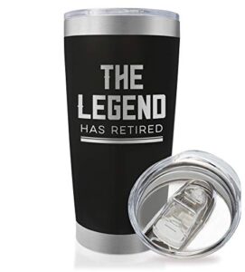 sassycups the legend has retired - 20 ounce engraved stainless steel insulated travel mug for retired men dad husband boss | retirement party coffee mug | retirement christmas gift (20 ounce, black)