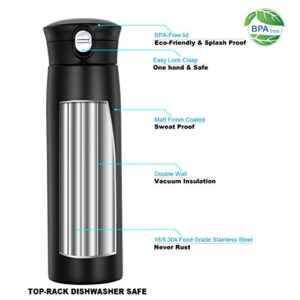 Diller Thermal Water Bottle, Coffee Travel Mug 16 or 8 oz Kids Mini Water Bottle Tumbler with Spout Lid, Leak Proof Flask for Kids and Women Keep 12H Piping Hot & 24H Cold (Black, 8 oz)