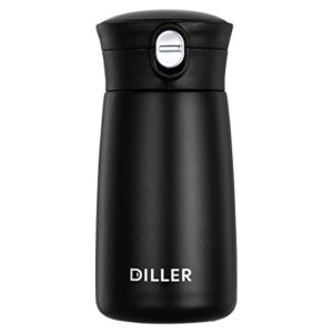 Diller Thermal Water Bottle, Coffee Travel Mug 16 or 8 oz Kids Mini Water Bottle Tumbler with Spout Lid, Leak Proof Flask for Kids and Women Keep 12H Piping Hot & 24H Cold (Black, 8 oz)