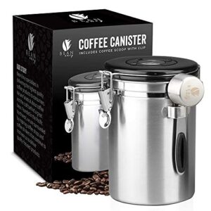 bean envy coffee canister - 22.5 oz coffee storage container and organizer w/stainless steel scoop, date tracker & co2-release valve - essential coffee accessories, steel