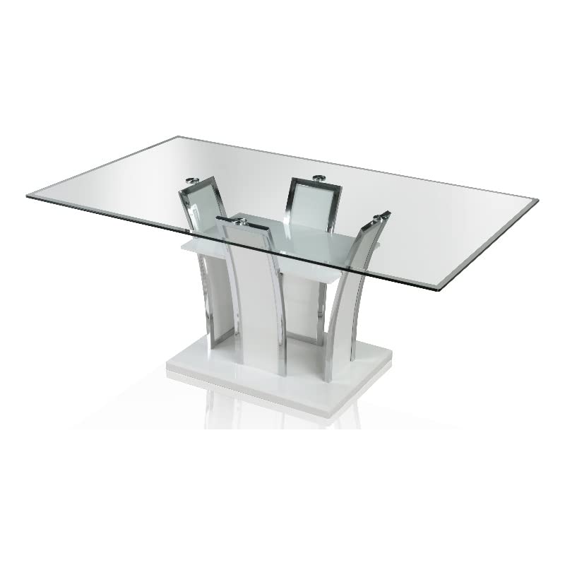 Benjara Wooden Dining Table with Pedestal Base and Chrome Trim Details, White