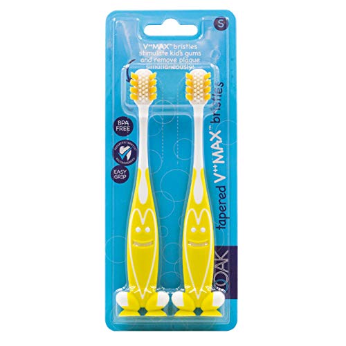 Ooak Kids Toothbrush, Tapered V++Max Bristles, Happy Face 2 Pack - Yellow