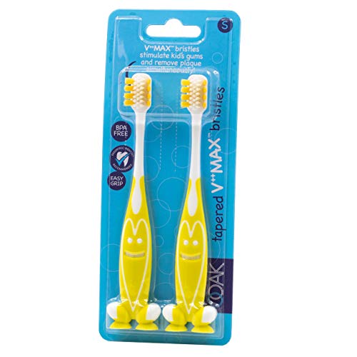 Ooak Kids Toothbrush, Tapered V++Max Bristles, Happy Face 2 Pack - Yellow