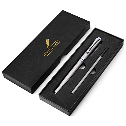 BEILUNER Ballpoint Pens, Stainless Steel with Chrome Trim, Silver Ballpoint Writing Pens, Best Ball Pen Gift Set for Men & Women, Professional, Executive, Office, Fancy Pens-Gift Box with Extra Refill