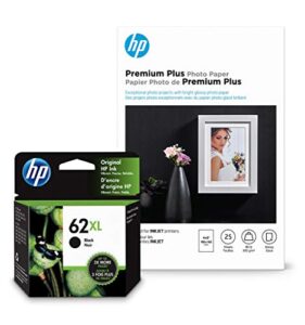 hp 62xl black ink premium plus photo paper, glossy, 25 sheets, 4x6