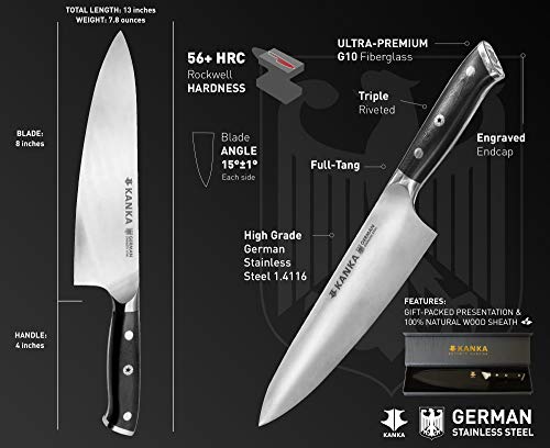 Professional 8" Chef Knife High Grade 1.4116 Stainless Steel. Ultra-premium G-10 fiberglass handle. Premium Wood Sheath INCLUDED!