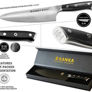 Professional 8" Chef Knife High Grade 1.4116 Stainless Steel. Ultra-premium G-10 fiberglass handle. Premium Wood Sheath INCLUDED!