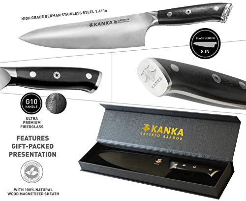 Professional 8" Chef Knife High Grade 1.4116 Stainless Steel. Ultra-premium G-10 fiberglass handle. Premium Wood Sheath INCLUDED!