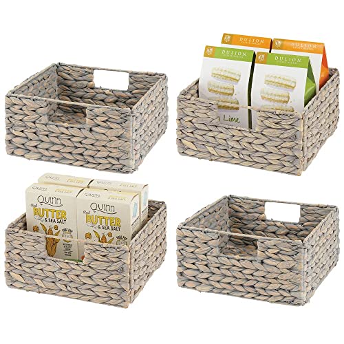 mDesign Woven Hyacinth Storage Bin Basket Organizer with Handles for Organizing Kitchen Pantry, Cabinet, Cupboard, Shelves - Holds Food, Drinks, Snacks - 4 Pack - Gray Wash