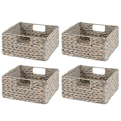 mDesign Woven Hyacinth Storage Bin Basket Organizer with Handles for Organizing Kitchen Pantry, Cabinet, Cupboard, Shelves - Holds Food, Drinks, Snacks - 4 Pack - Gray Wash