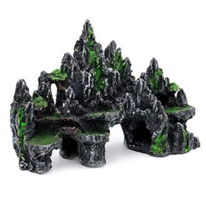 pakykai large fish tank decorations, mountain view aquarium ornament with tree house cave bridge artificial plastic plants aquarium decorations